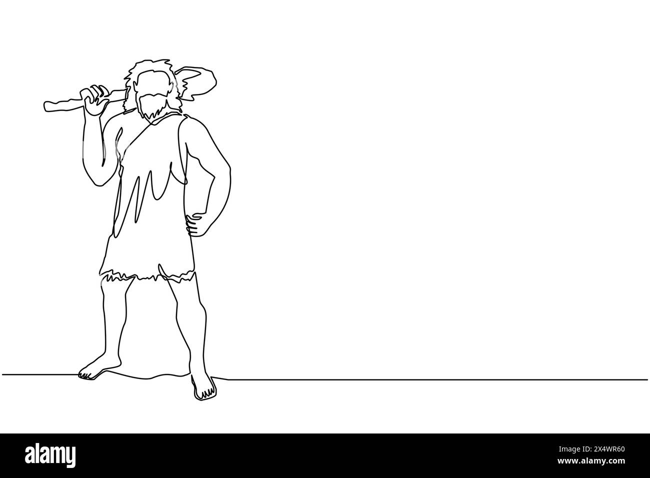 Single one line drawing stone age primitive man in animal hide pelt ...