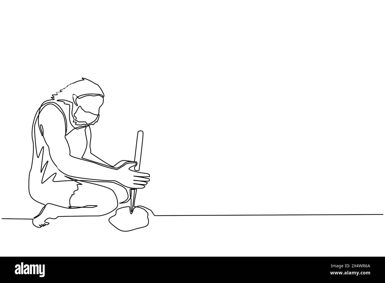 Single one line drawing prehistoric man making fire by rubbing twigs ...