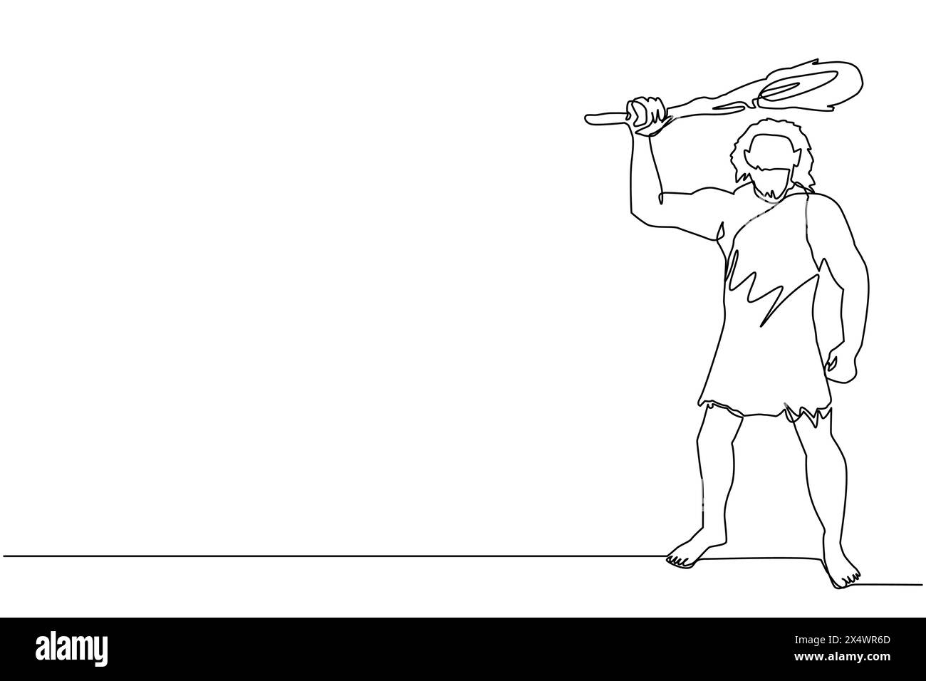 Single one line drawing prehistoric man holding and raised cudgel ...