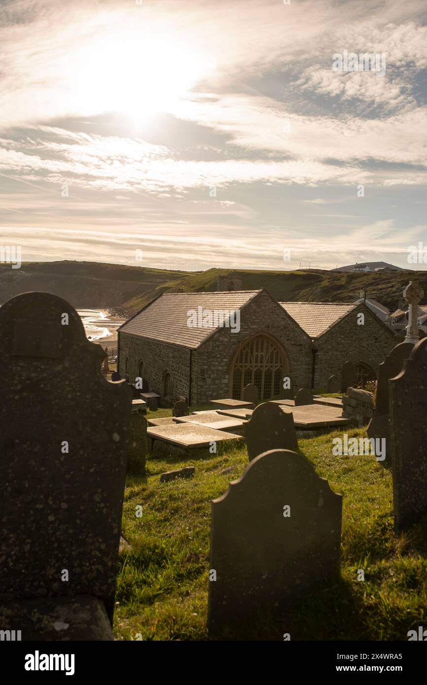 St. Hywyn's Church, Aberdaron, Wales in evening sunlight. An important ...