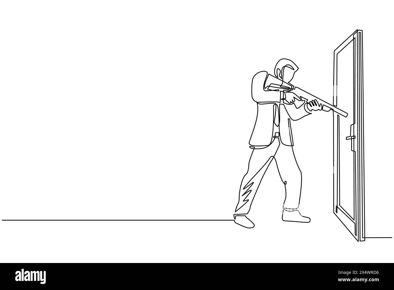 Single one line drawing businessman pointing shotgun at doorknob ...