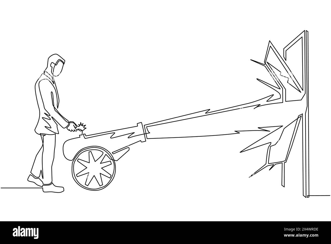 Single one line drawing businessman ignites cannon in front of door and ...