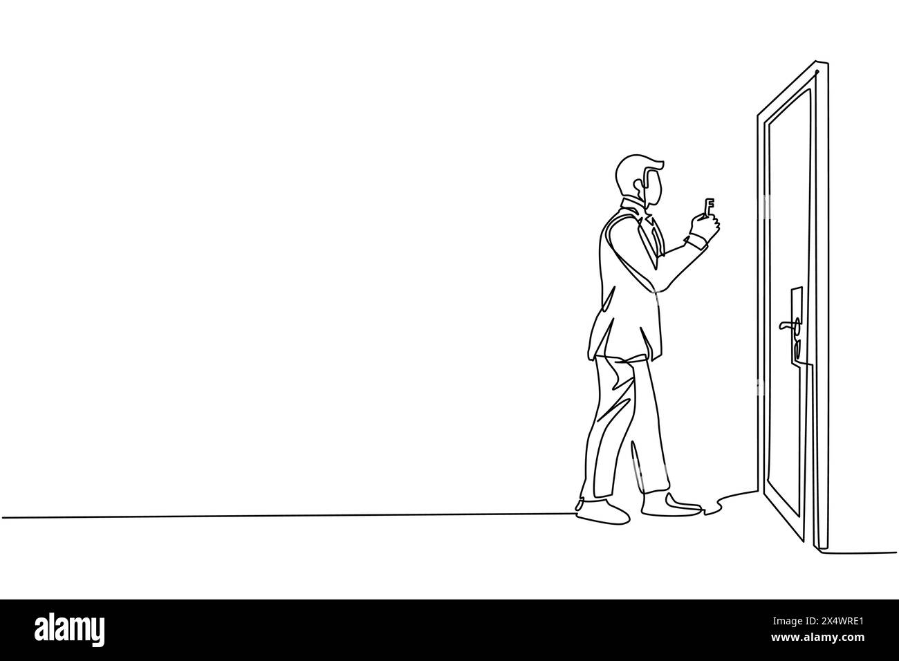 Continuous one line drawing businessman lifts key in front of door. Man ...