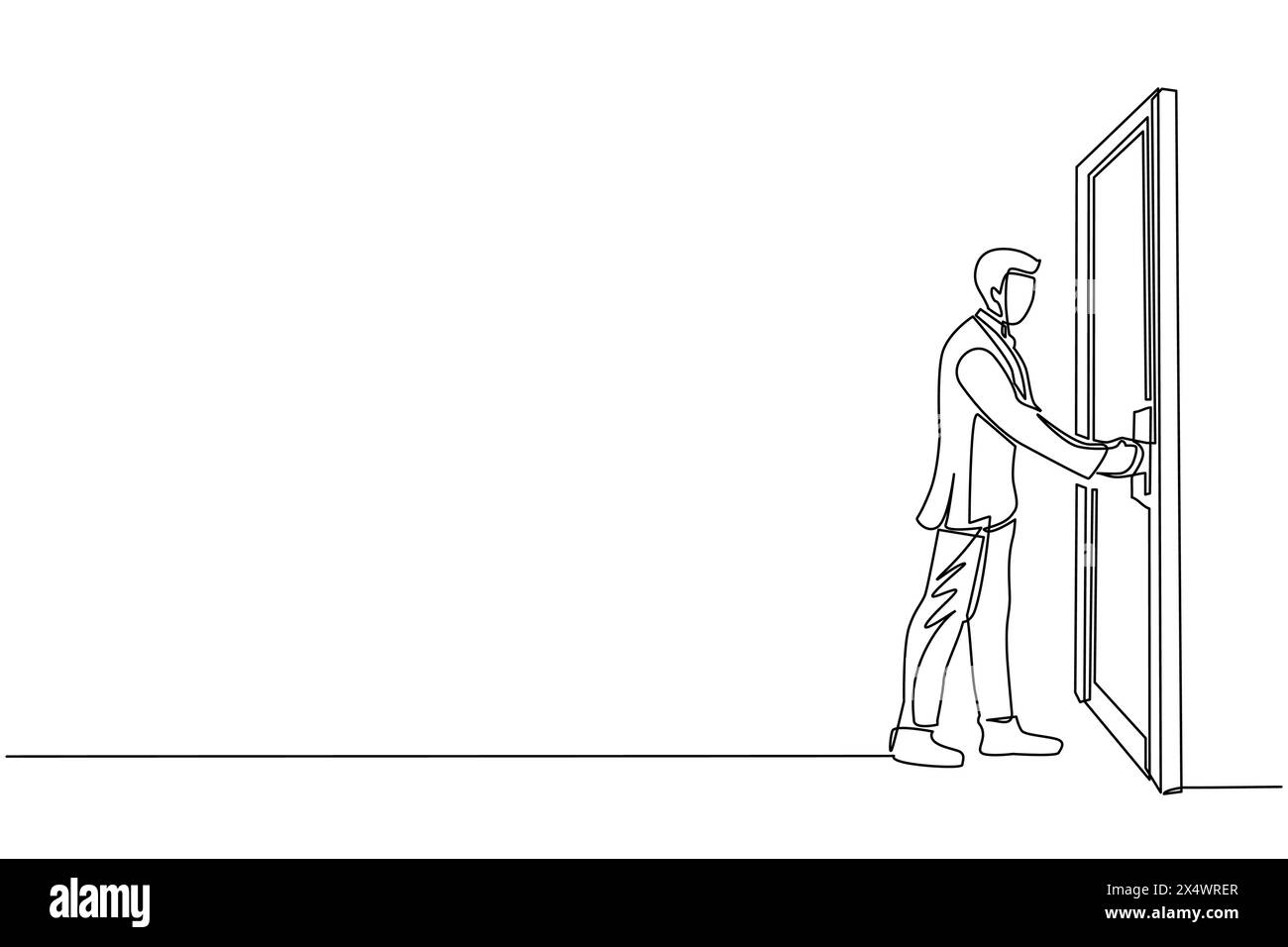 Single continuous line drawing businessman holding a door knob ...