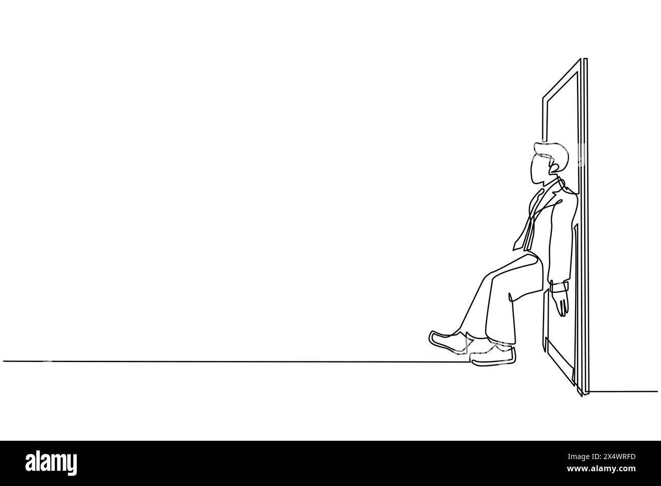 Single continuous line drawing businessman pushing door with his back ...