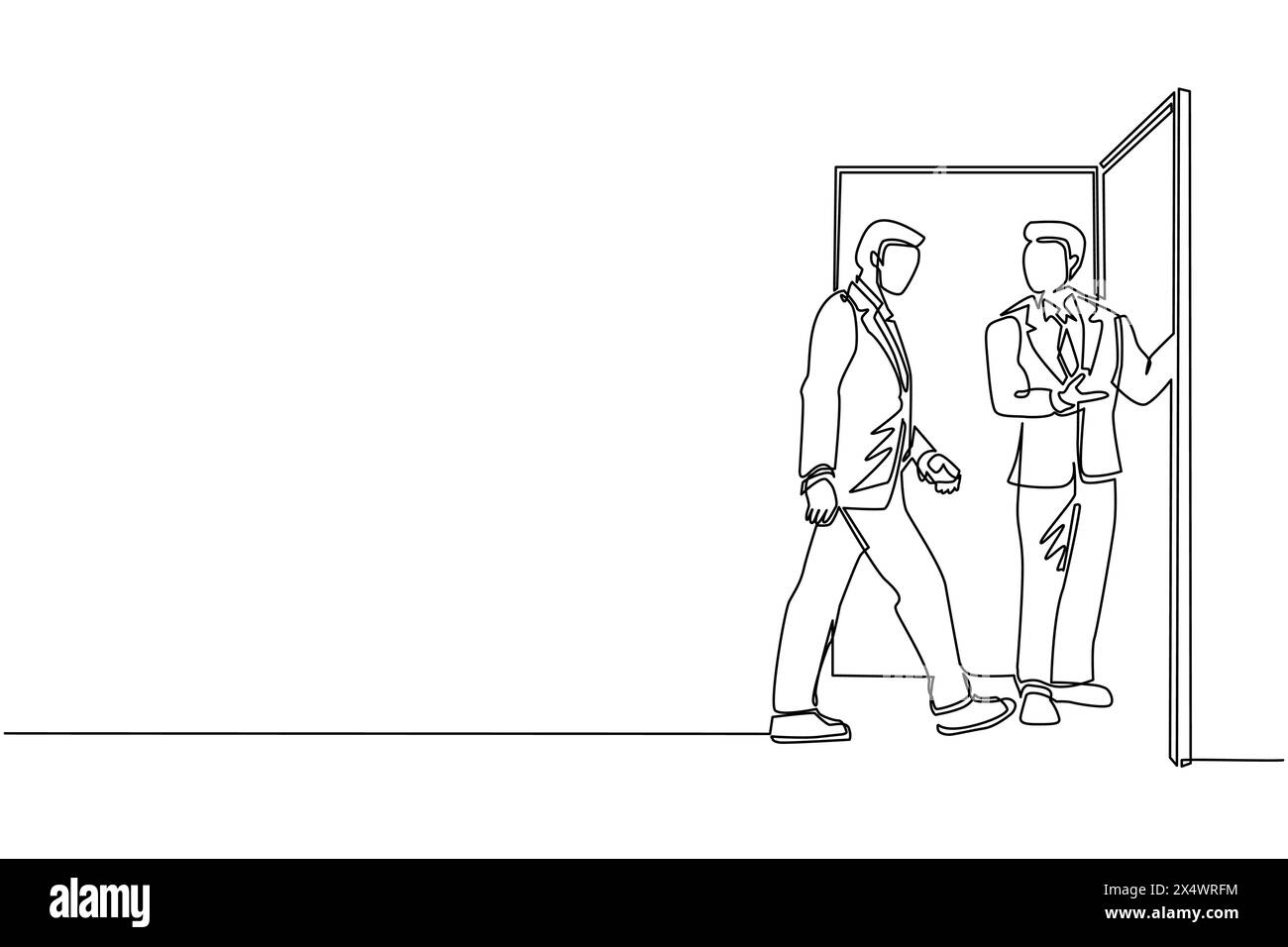 Single continuous line drawing businessman at the door welcomes his ...