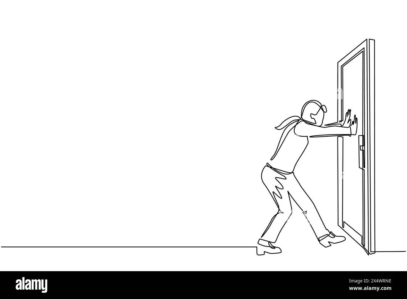 Continuous one line drawing businesswoman pushes closed door on white ...