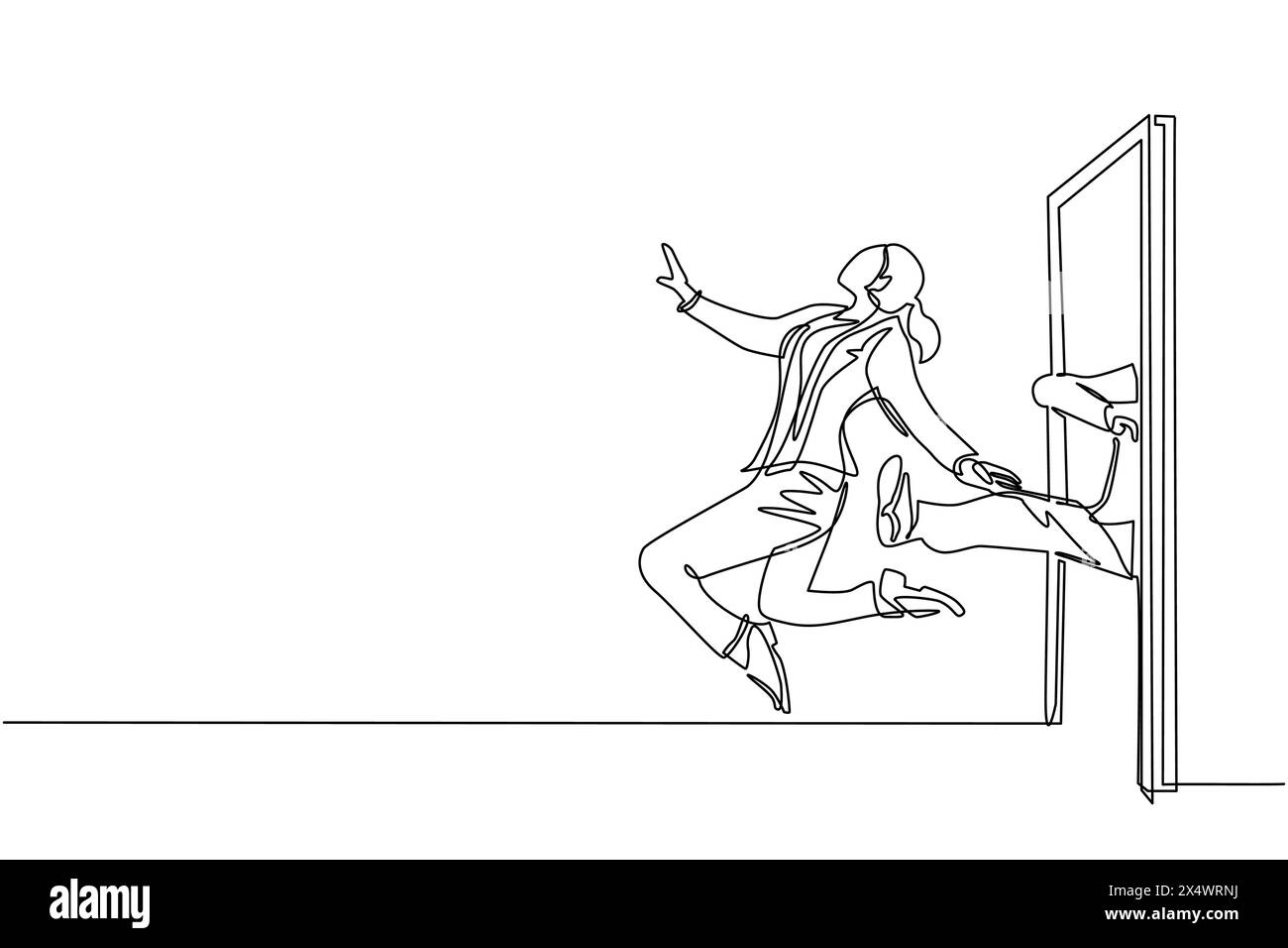 Continuous one line drawing businesswoman get kicked out of door ...