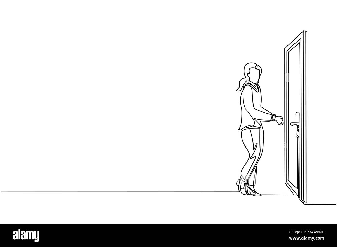 Continuous one line drawing businesswoman inserts the key into the ...