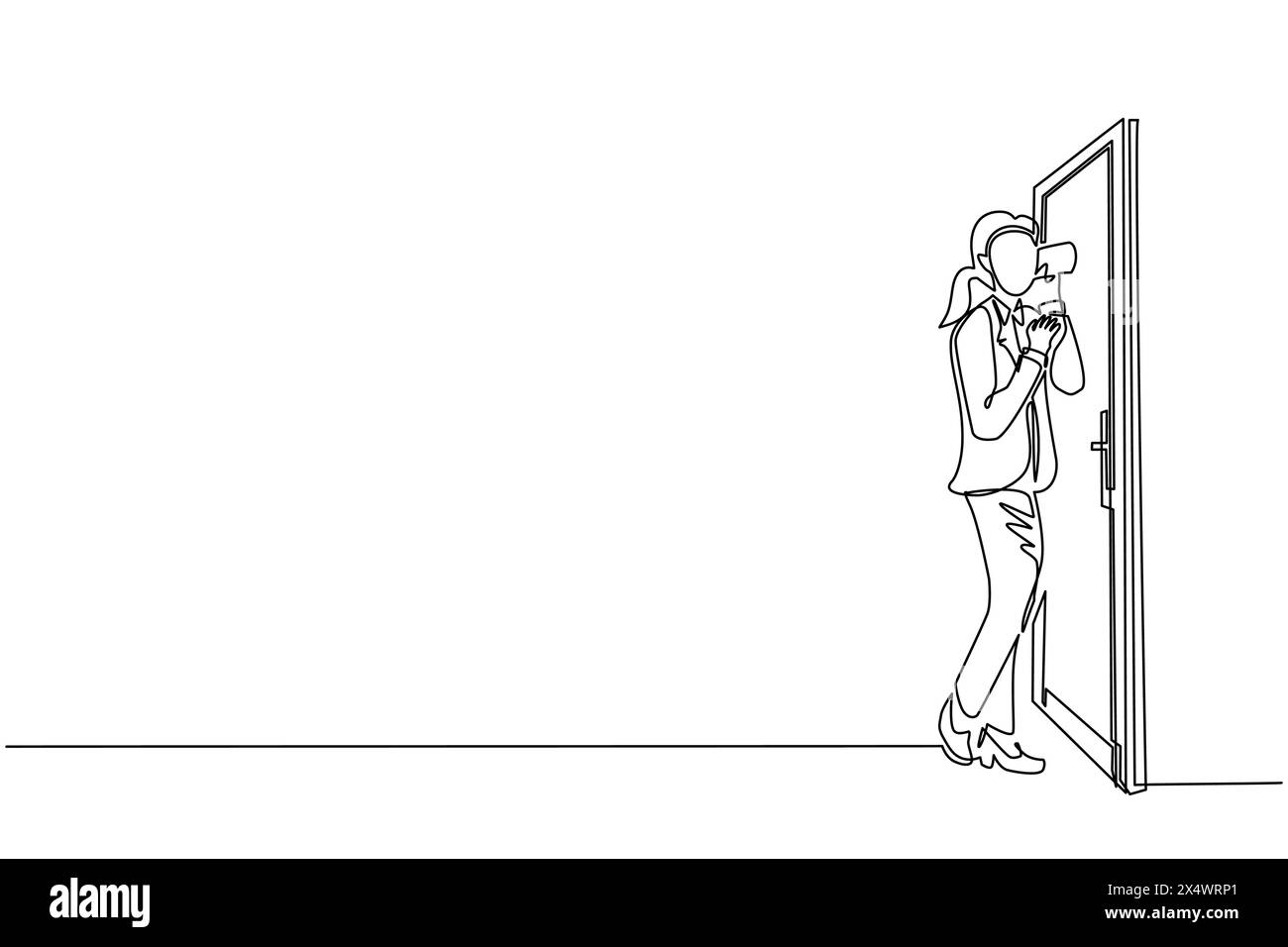 Single continuous line drawing young woman eavesdropping at door ...