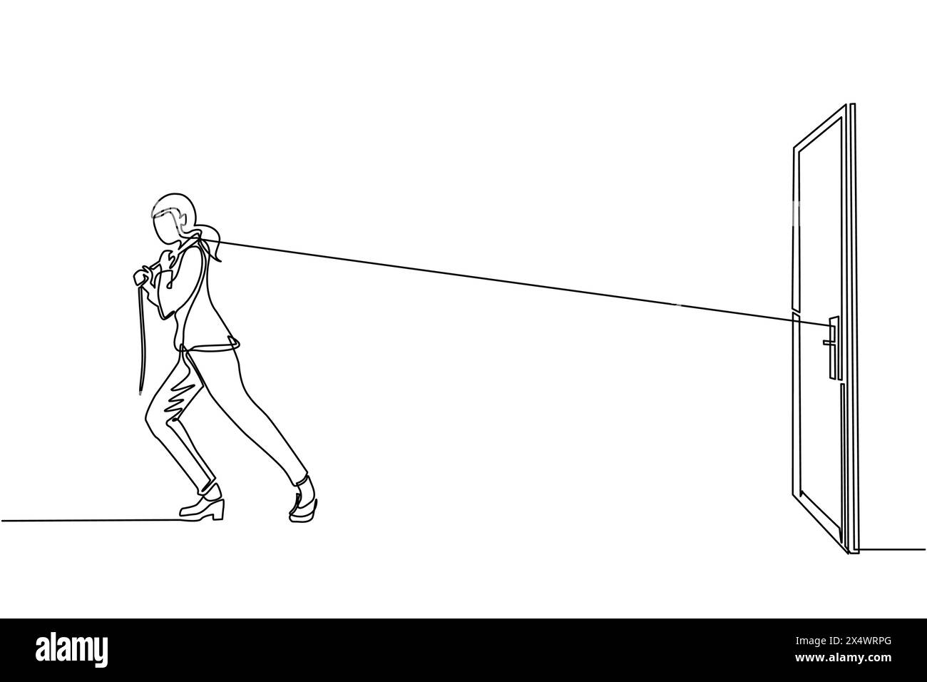 Single continuous line drawing businesswoman trying hard to pulling ...