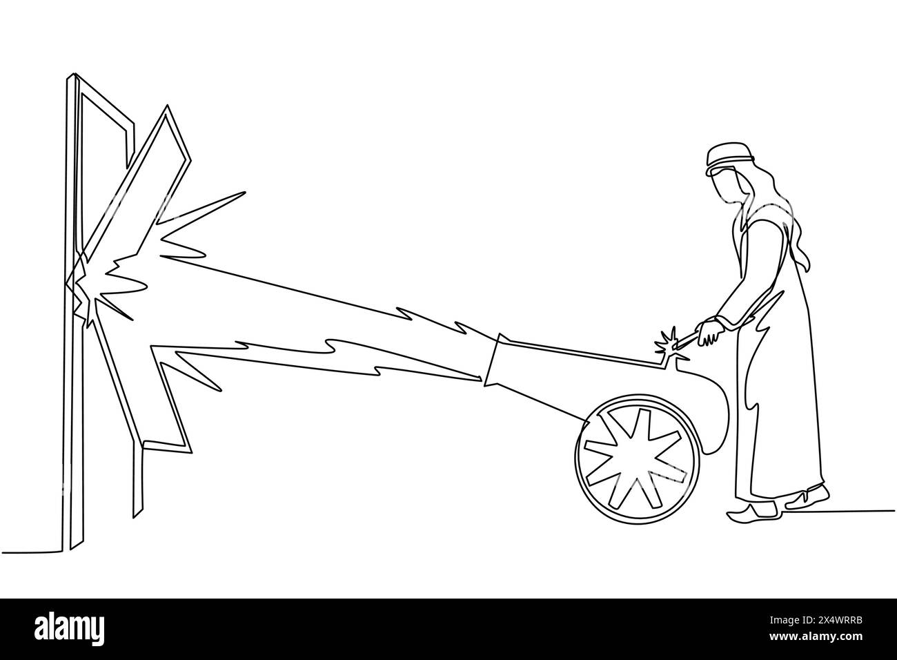 Continuous one line drawing Arab businessman ignites cannon in front of ...