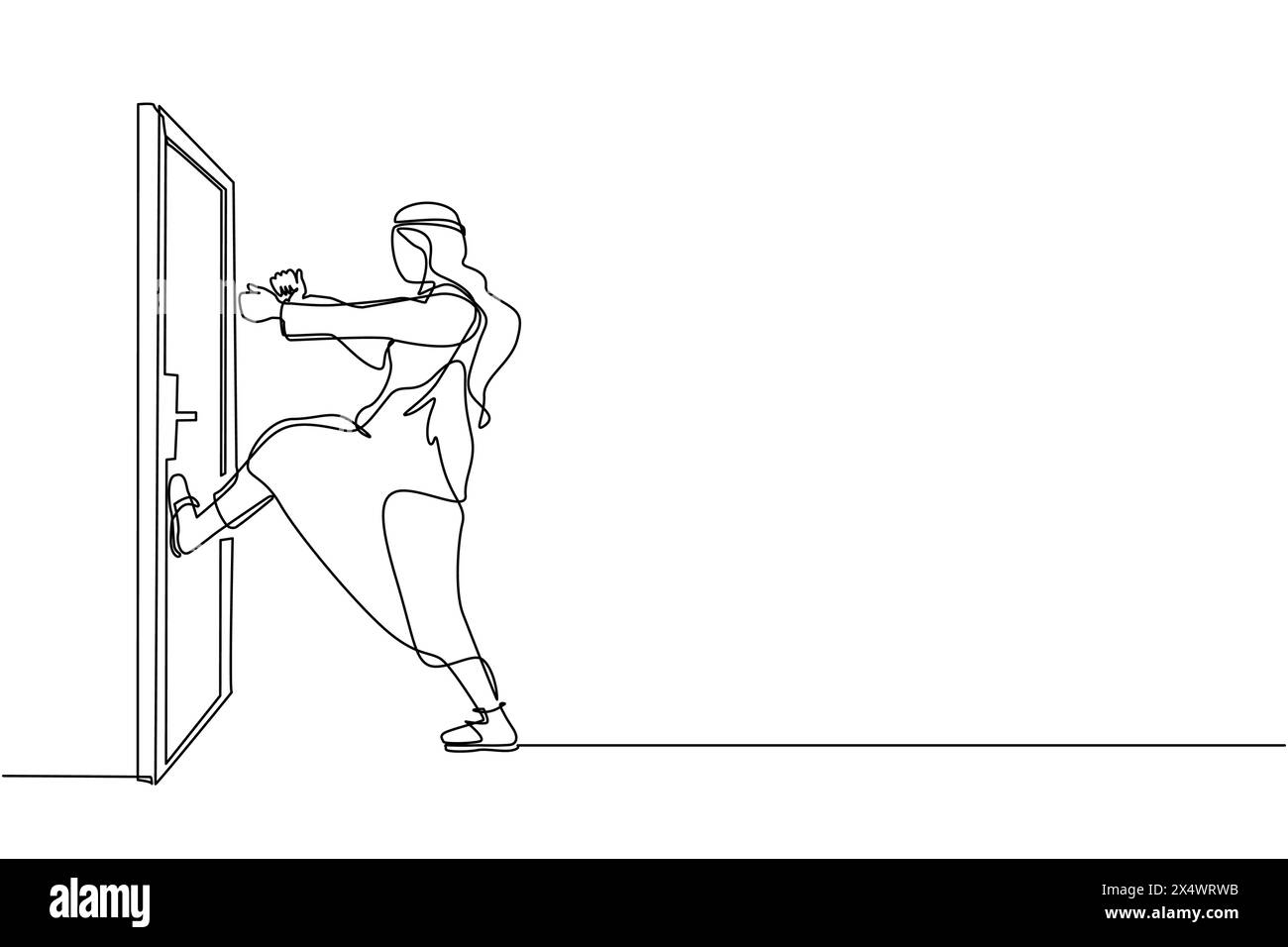 Single one line drawing Arab businessman kicks door closed with his leg ...
