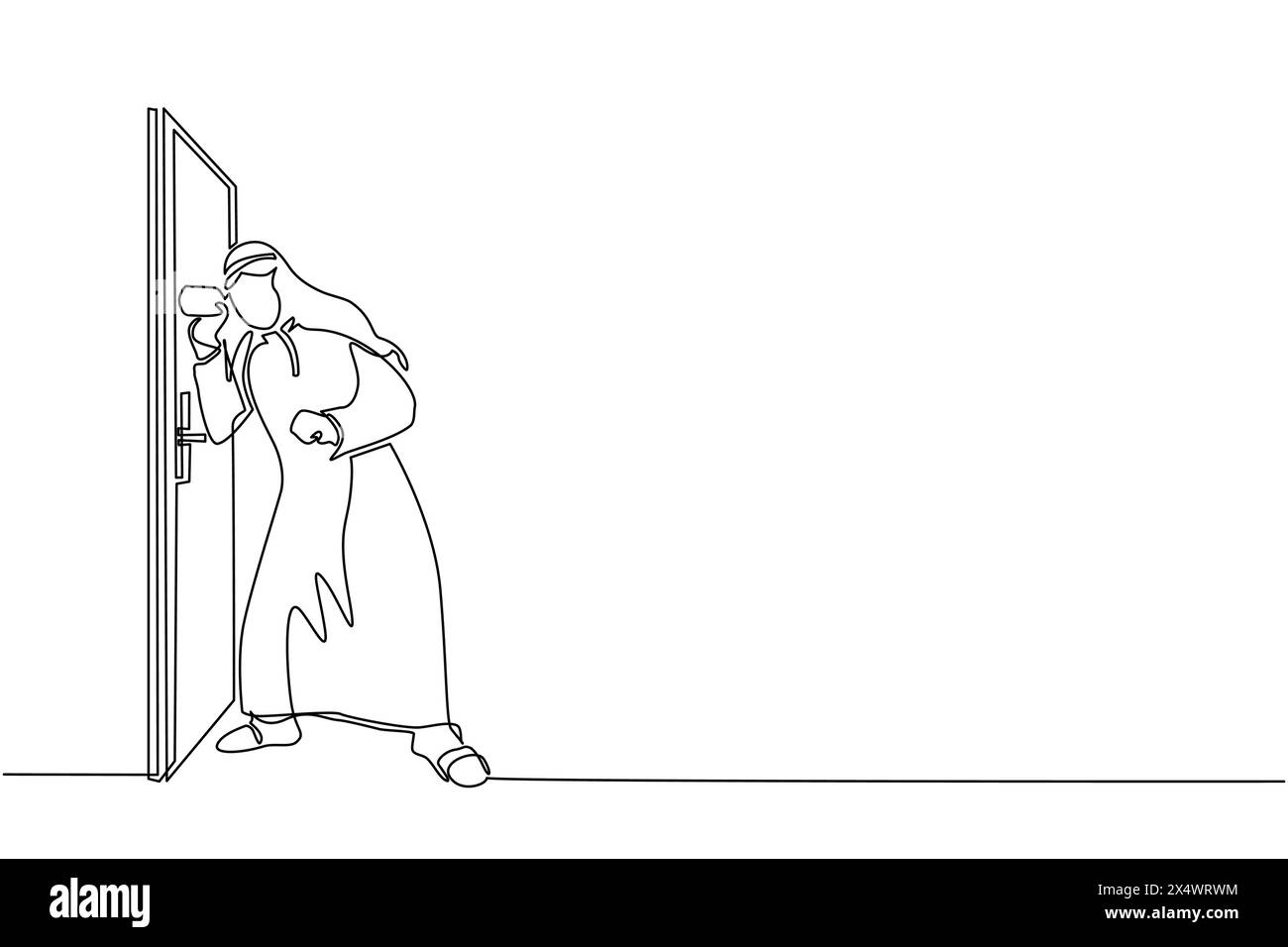 Single one line drawing Arabian man eavesdropping at the door. Curious ...