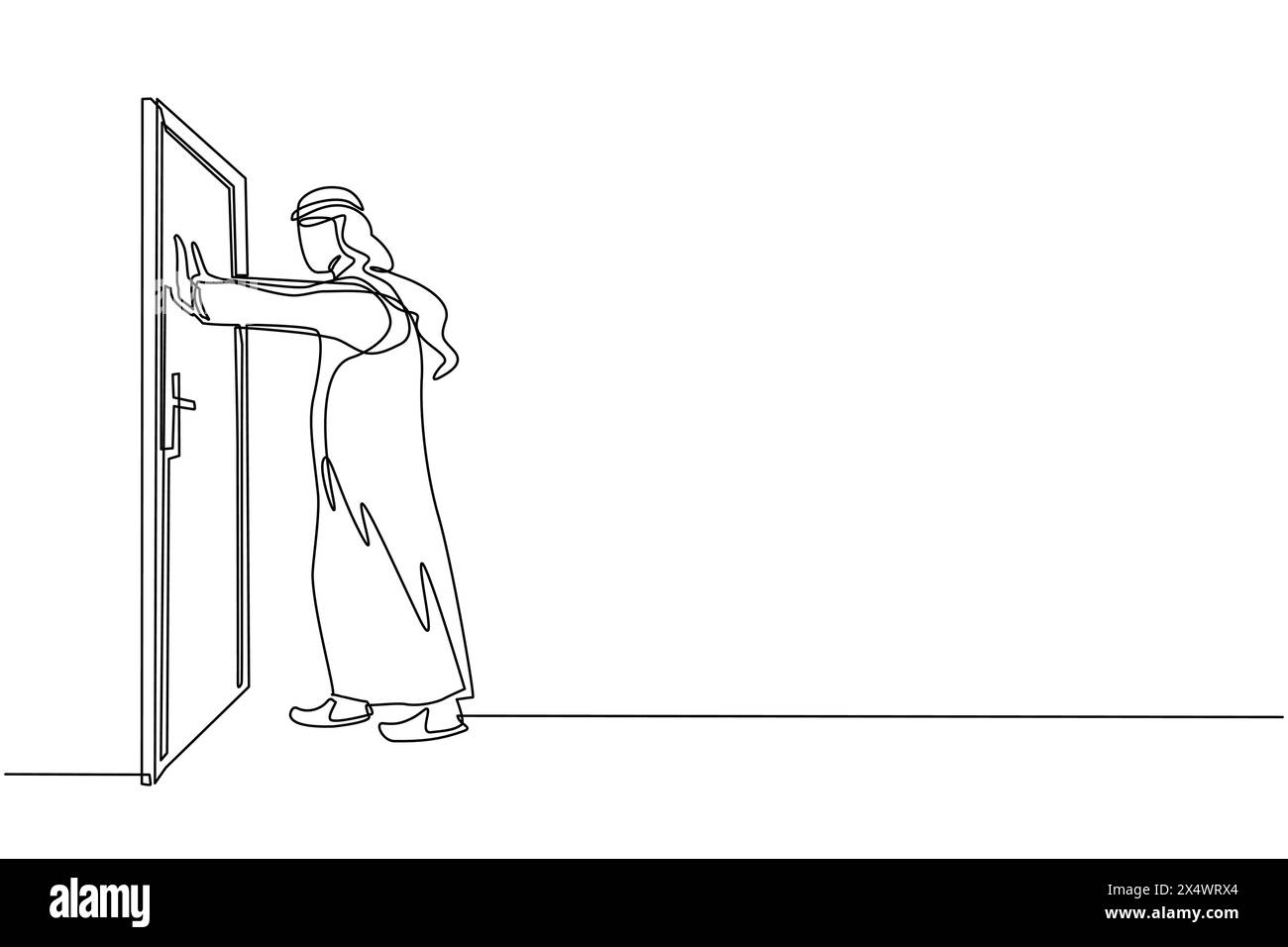 Continuous one line drawing Arab businessman pushes closed door on ...