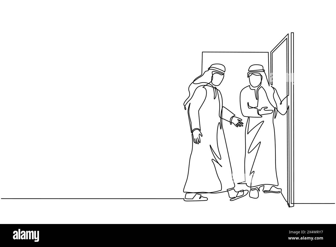 Single continuous line drawing Arab businessman at door welcomes his ...