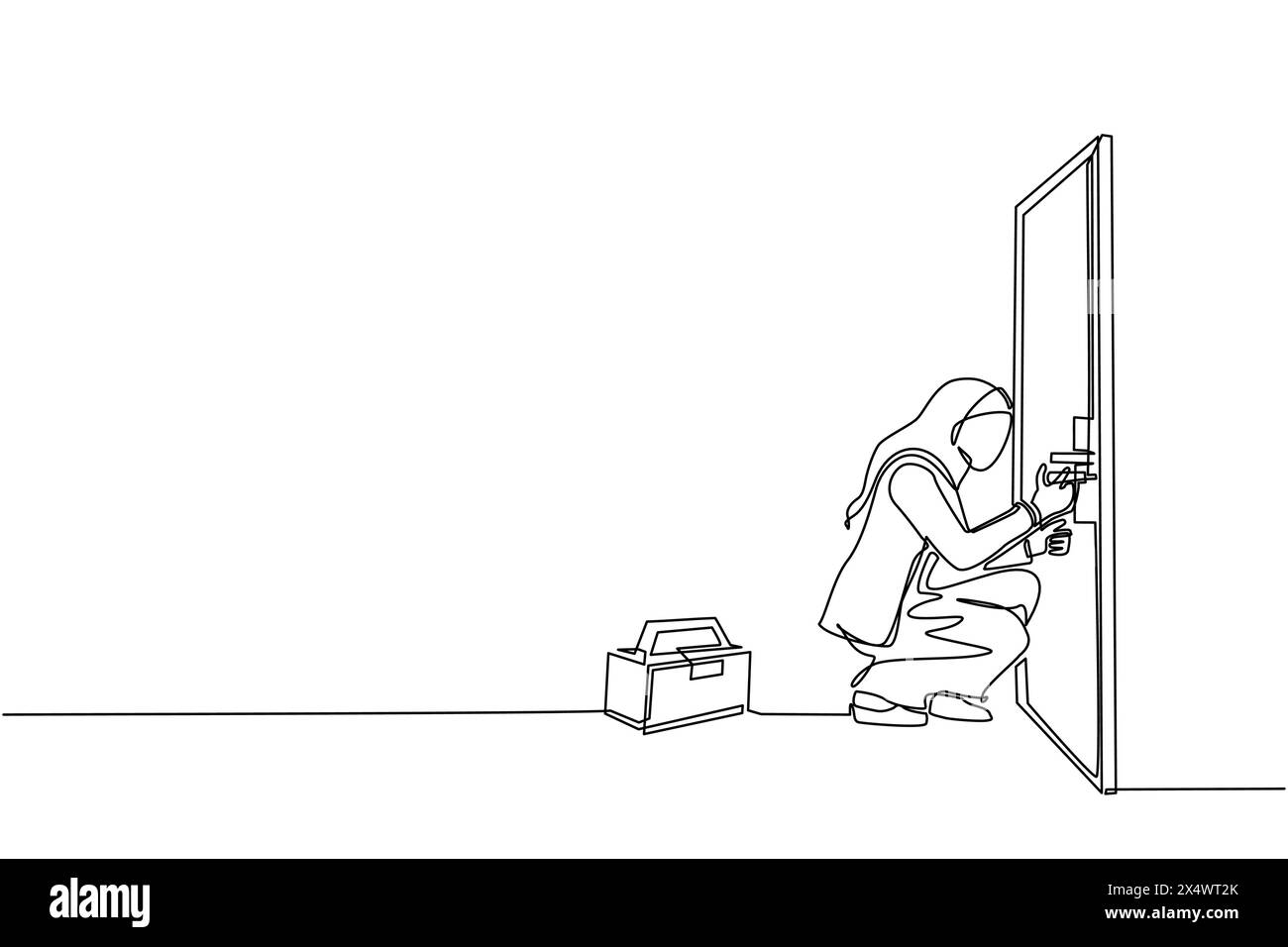 Single continuous line drawing Arab businesswoman prying doorknob with ...