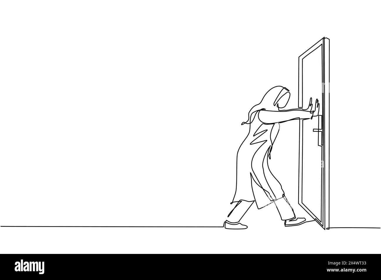 Continuous one line drawing Arabian businesswoman pushes closed door on ...