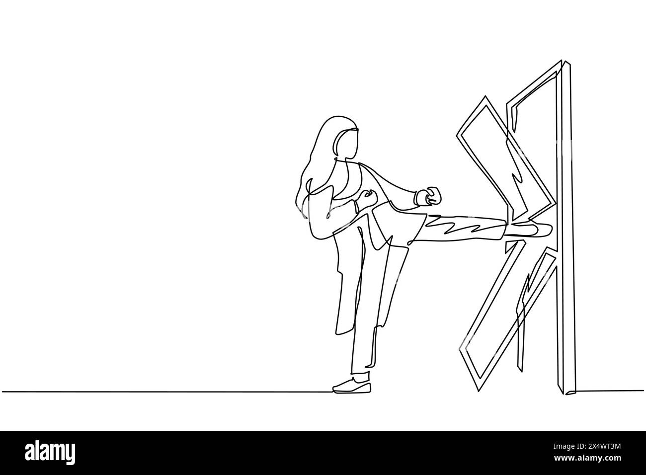 Continuous one line drawing Arabian businesswoman kicks the door until ...