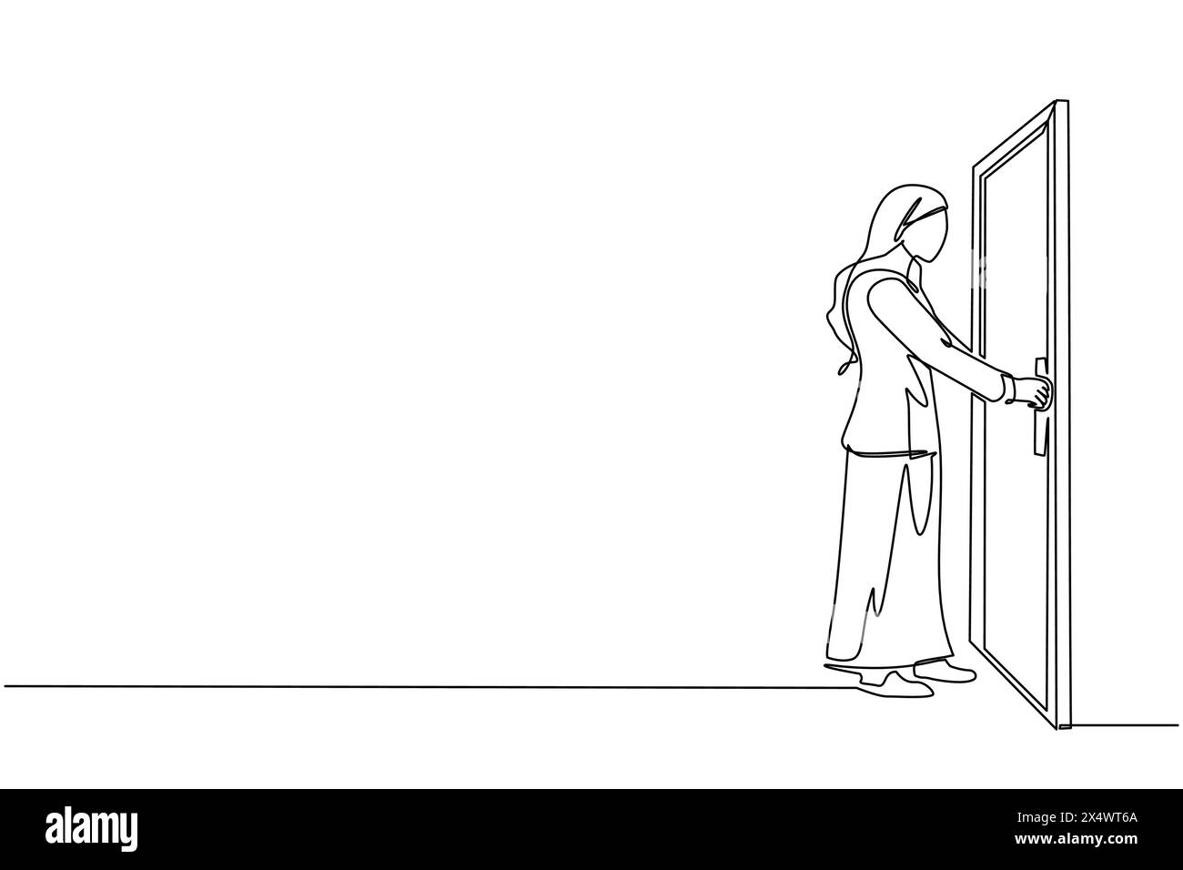 Single one line drawing Arabian businesswoman holding door knob ...