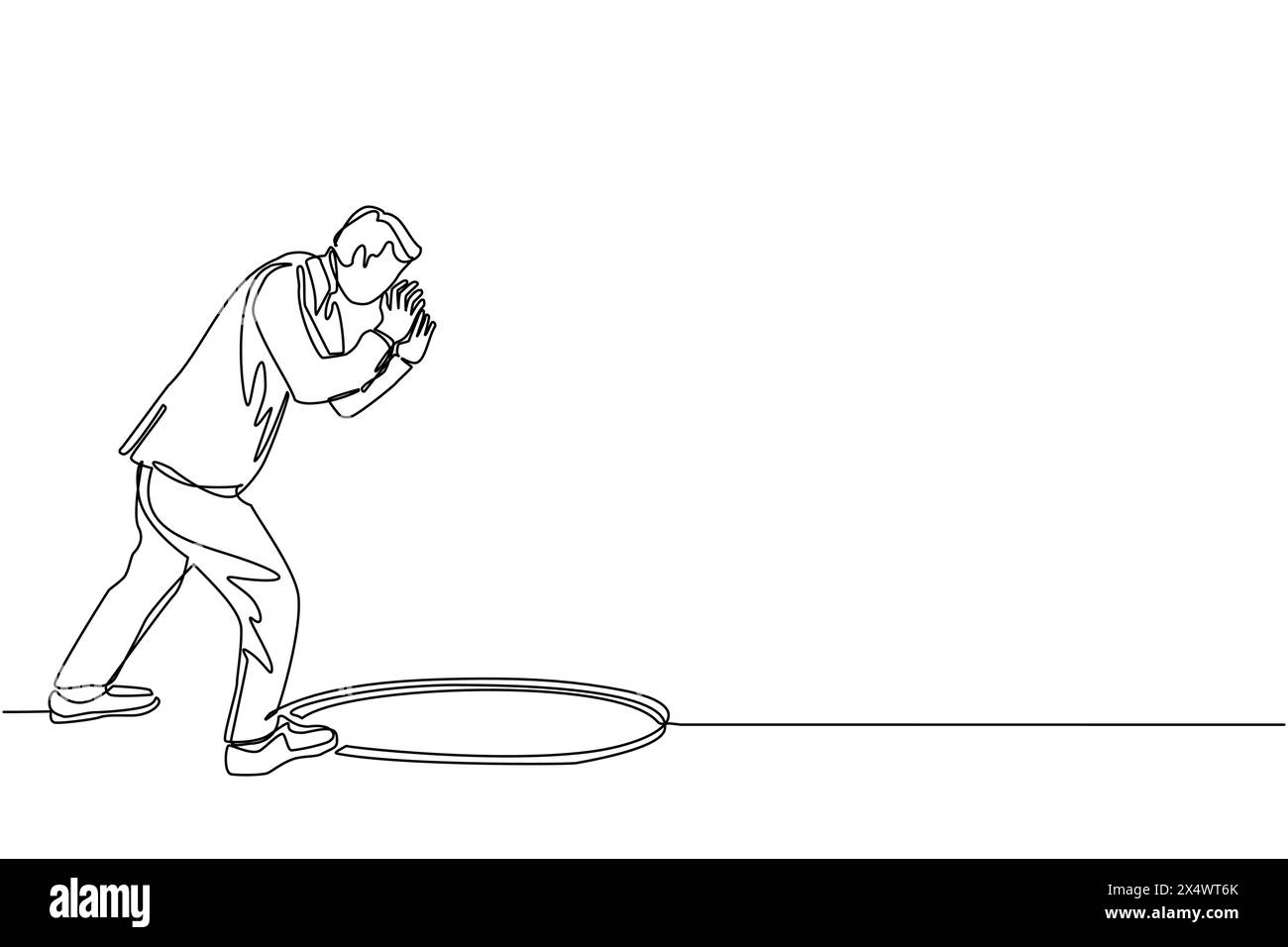 Single one line drawing businessman scream into pit hole. Man wondering ...