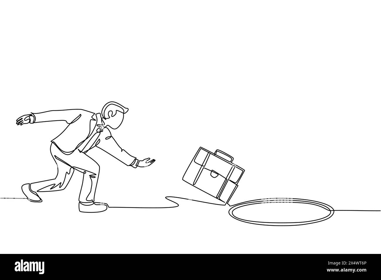 Single continuous line drawing businessman throws briefcase into hole ...