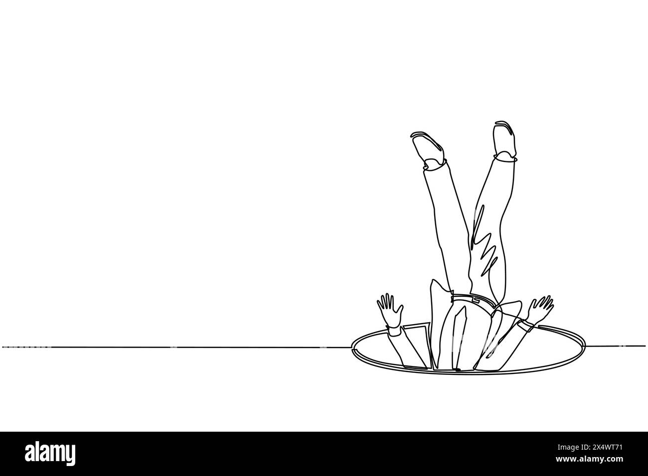 Continuous one line drawing businessman falling into pit hole. Legs up ...