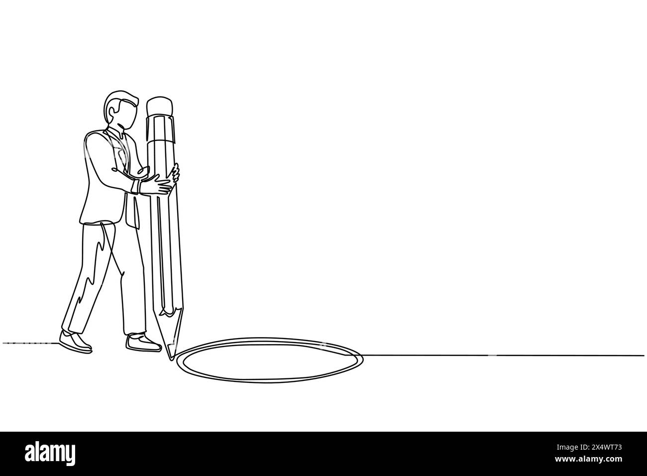 Single one line drawing man making circle of holes with large pencil ...