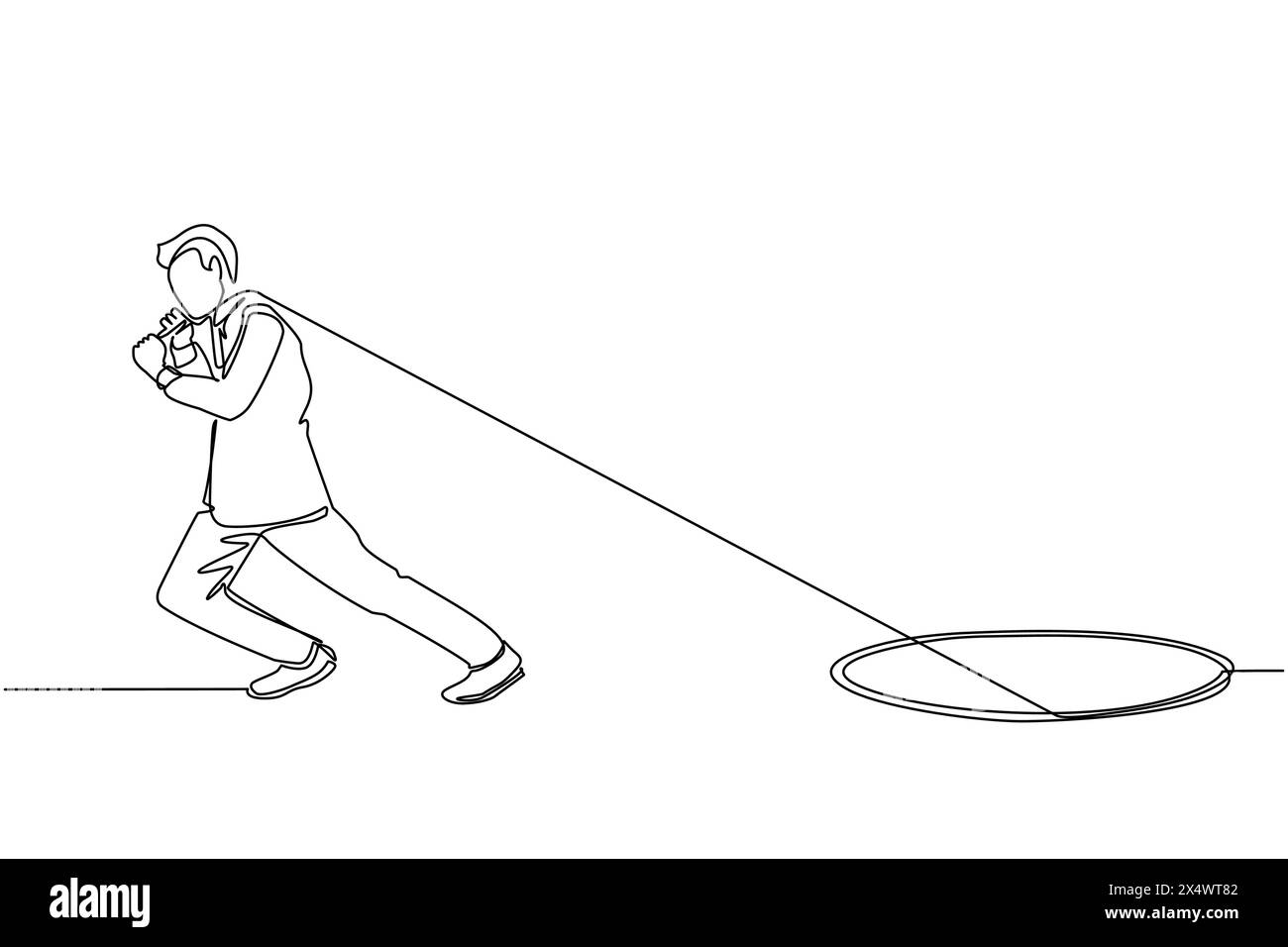 Single continuous line drawing businessman trying hard pulling rope to ...