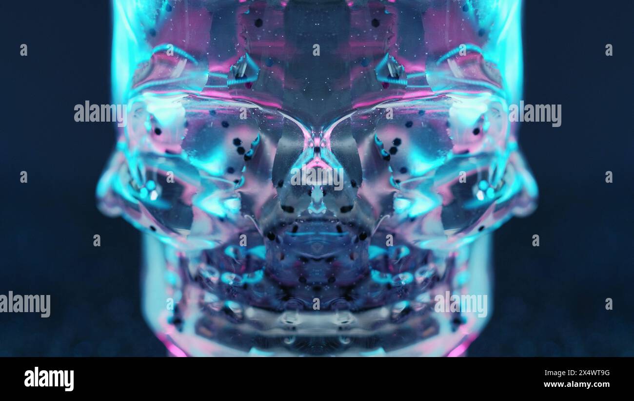 Crystal skull. Neon fluid drip. Cyber skeleton. Defocused iridescent ...