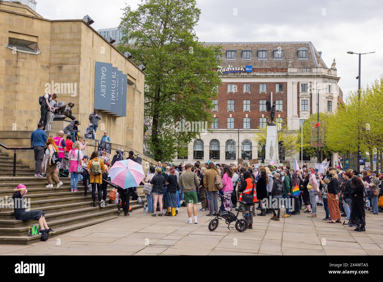 Leeds, UK. 05 MAY, 2024. Gathered crowd as Protestors gathered outside ...