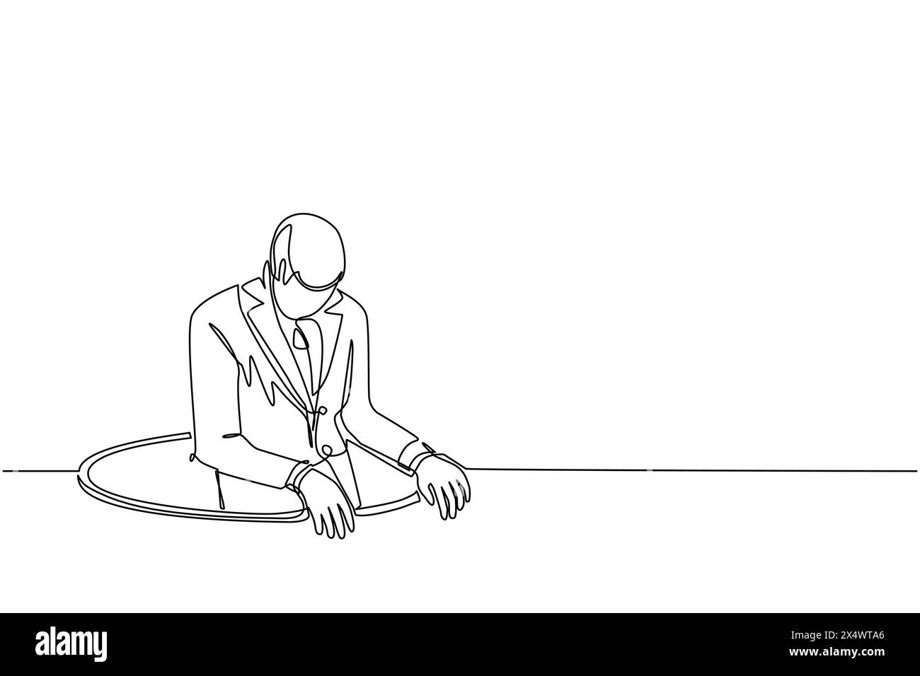 Continuous one line drawing businessman trying to get out of from hole ...