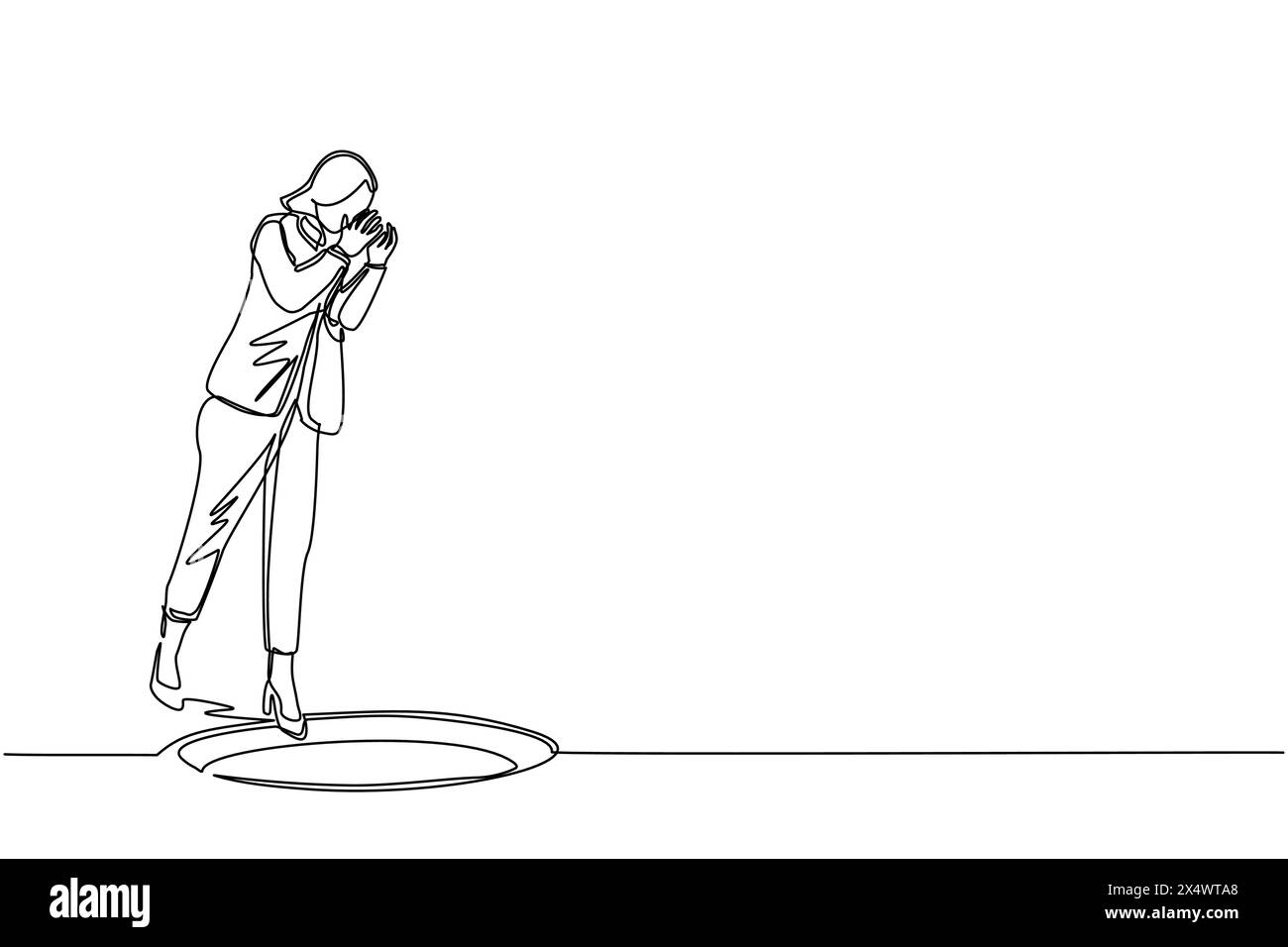 Single continuous line drawing businesswoman scream into pit hole ...