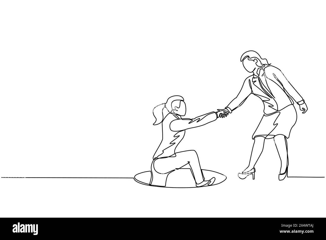 Continuous one line drawing businesswoman helping her friend by take ...