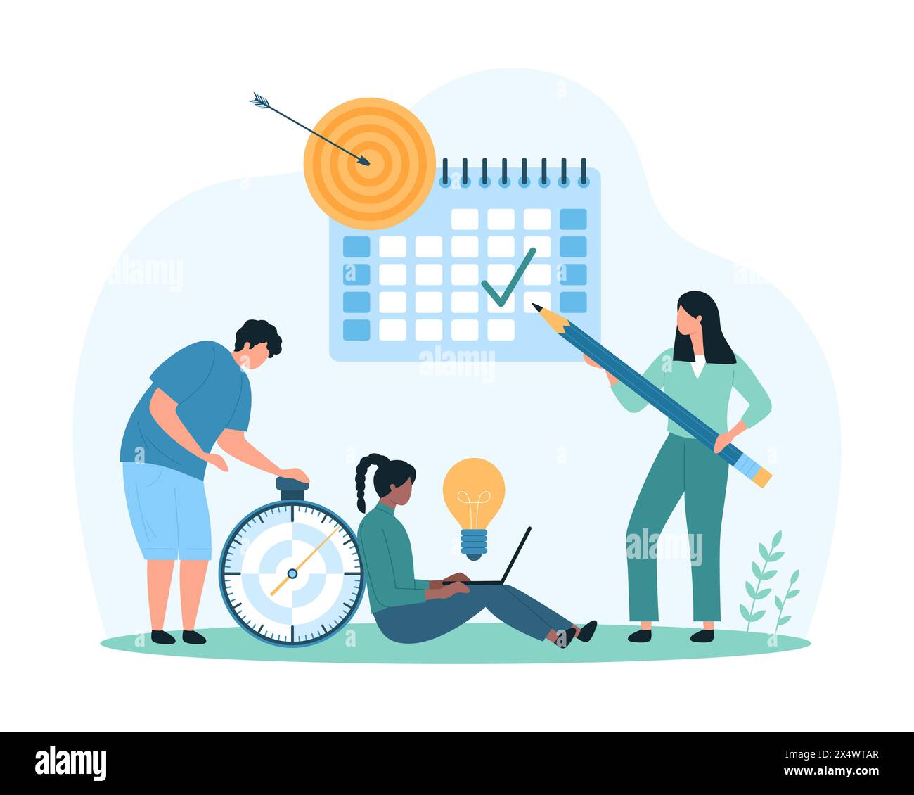 Goal management, organizational planning in calendar. Tiny people check ...