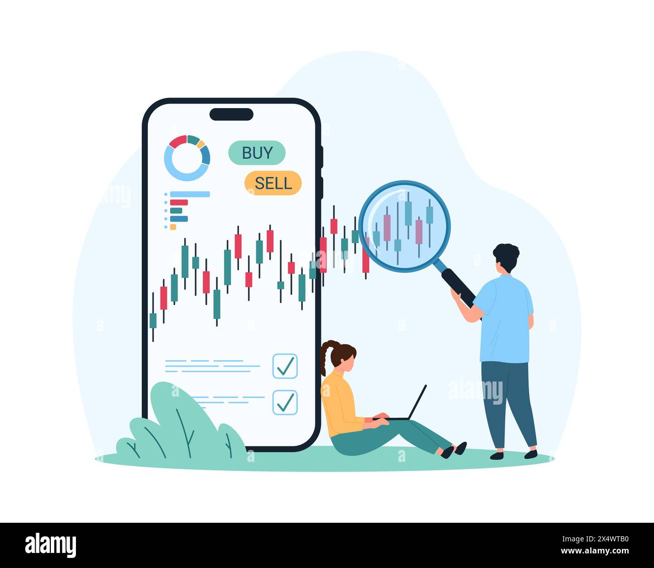 Stock market and forex trade data analysis with mobile app. Tiny people with magnifying glass ...