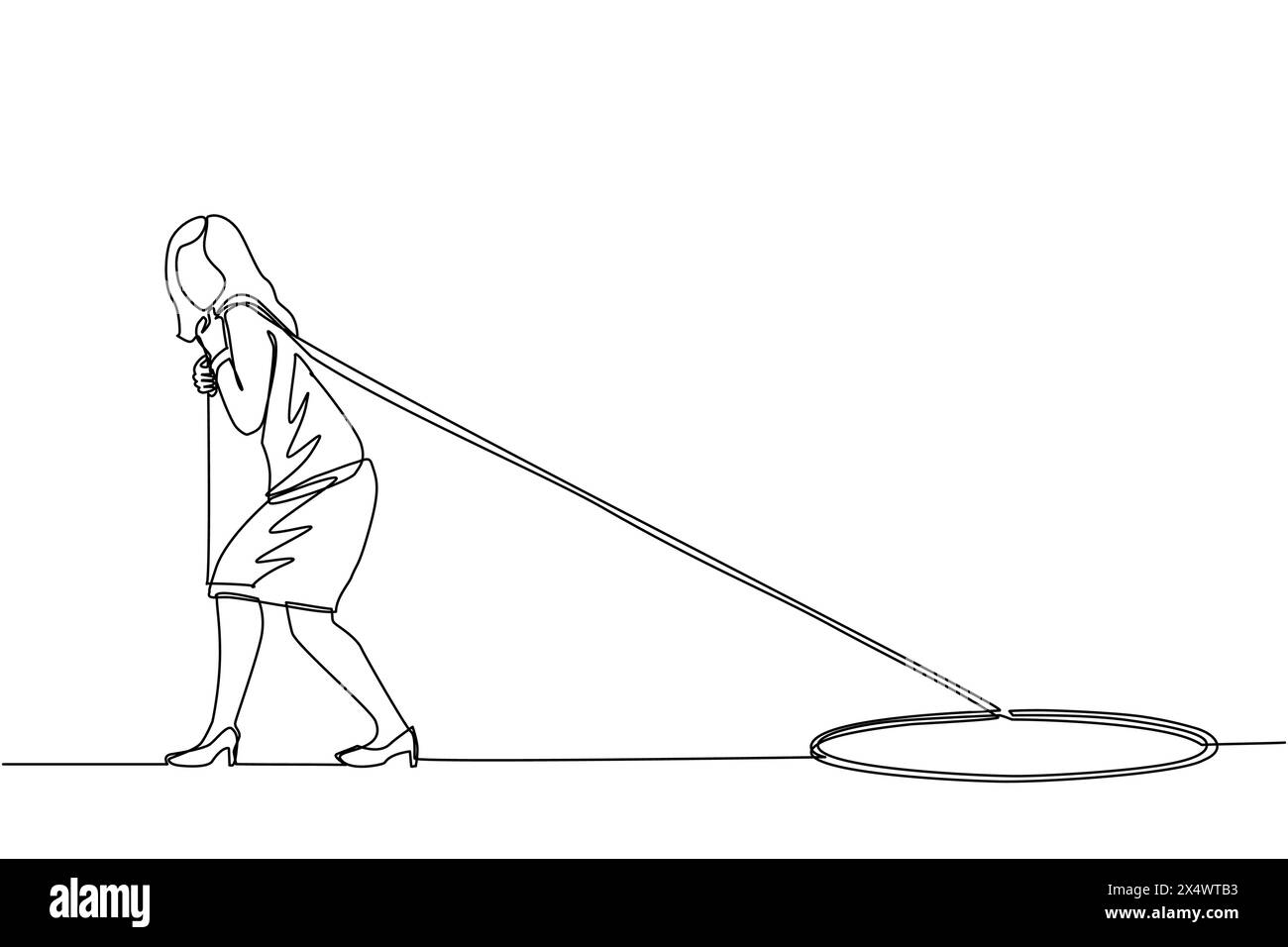 Single continuous line drawing businesswoman trying hard pulling rope ...