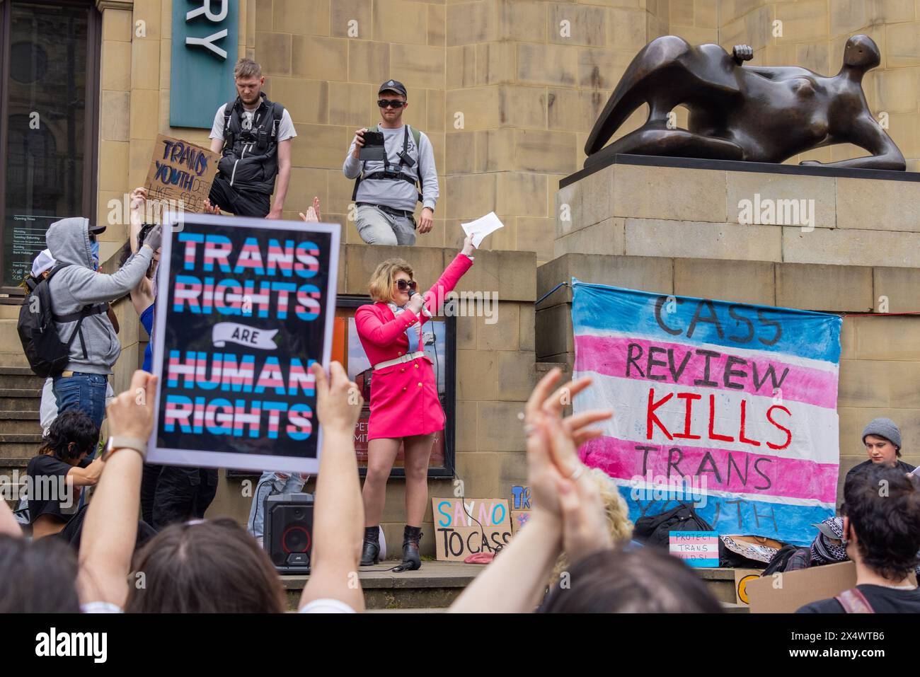 Leeds, UK. 05 MAY, 2024. Speaker raises an arm at end of speech in ...