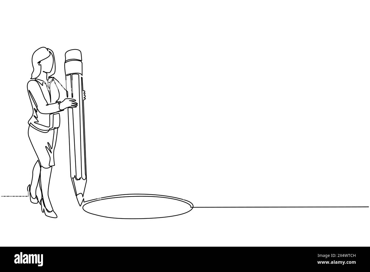 Single one line drawing businesswoman making circle of holes with large ...