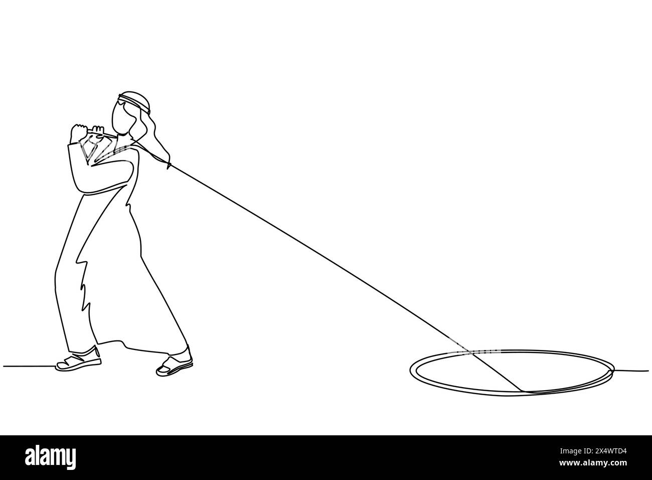 Single continuous line drawing Arabian businessman trying hard pulling ...