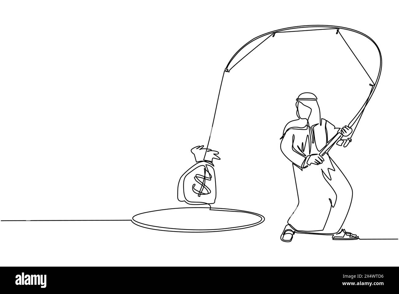 Single continuous line drawing Arabian businessman holding fishing rod ...