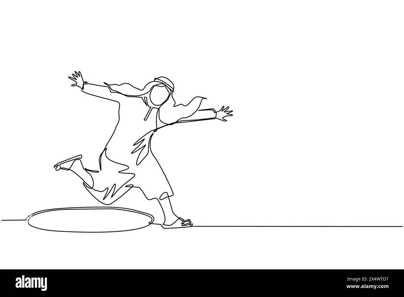 Continuous one line drawing Arabian businessman jumping through the ...