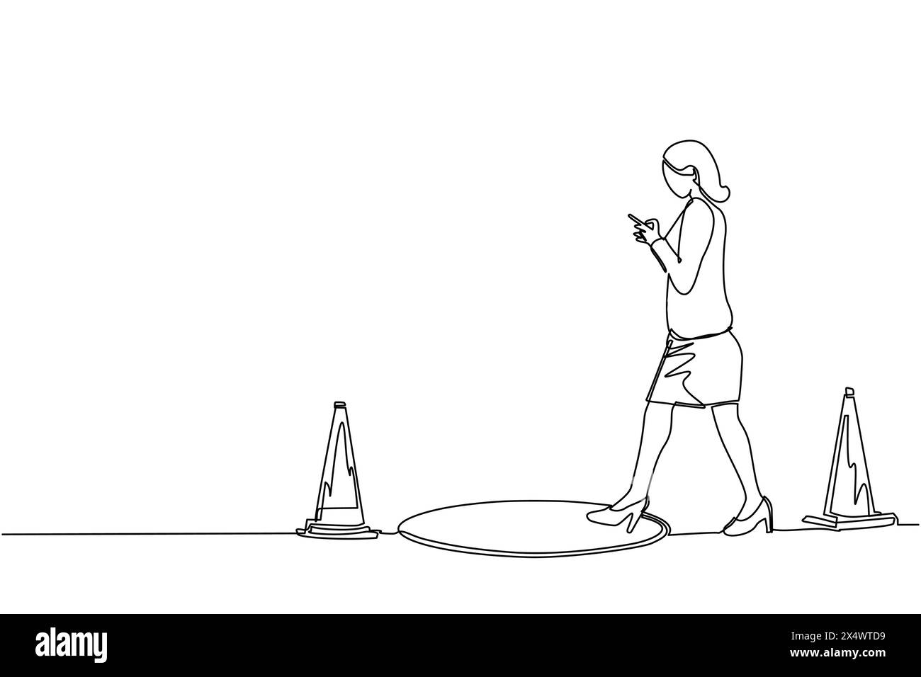 Single continuous line drawing businesswoman character going on street ...