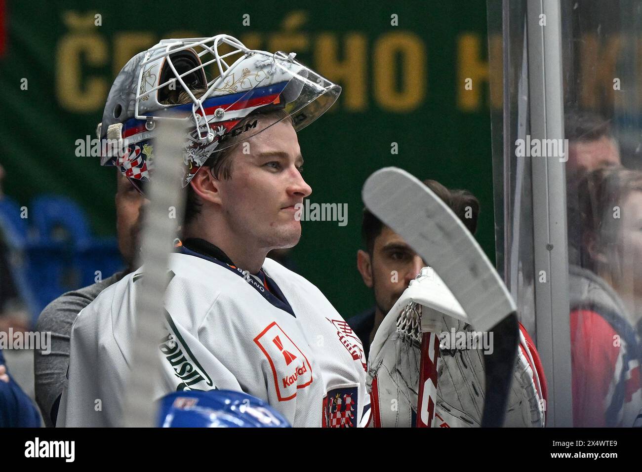 Goalkeeper Lukas Dostal (CZE) on the bench, the Czech Ice Hockey Games ...