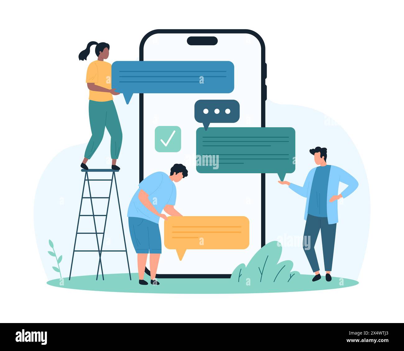 Online conversation in chat mobile application of phone. Tiny people ...