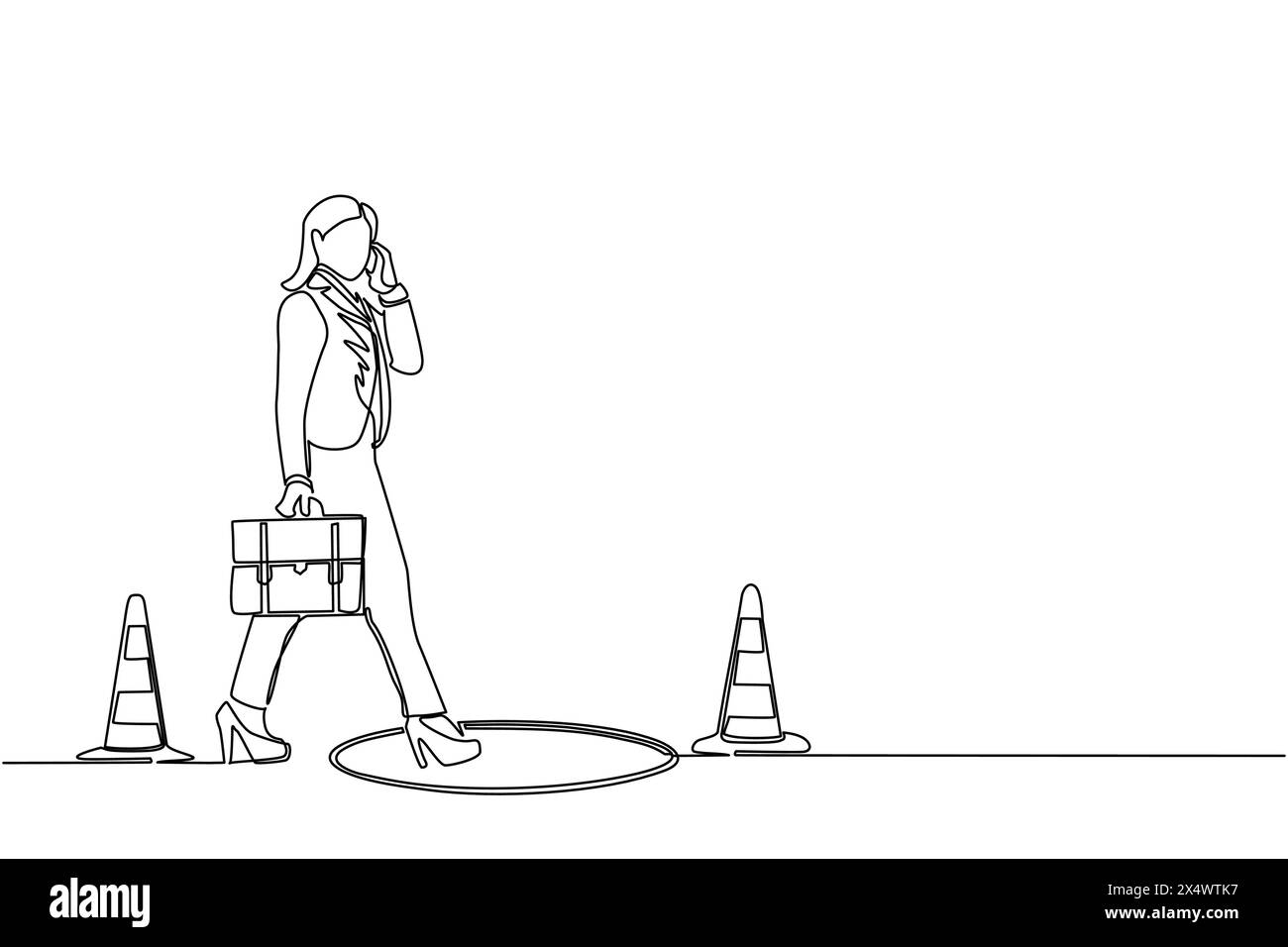 Single one line drawing businesswoman talking on cell phone and she ...