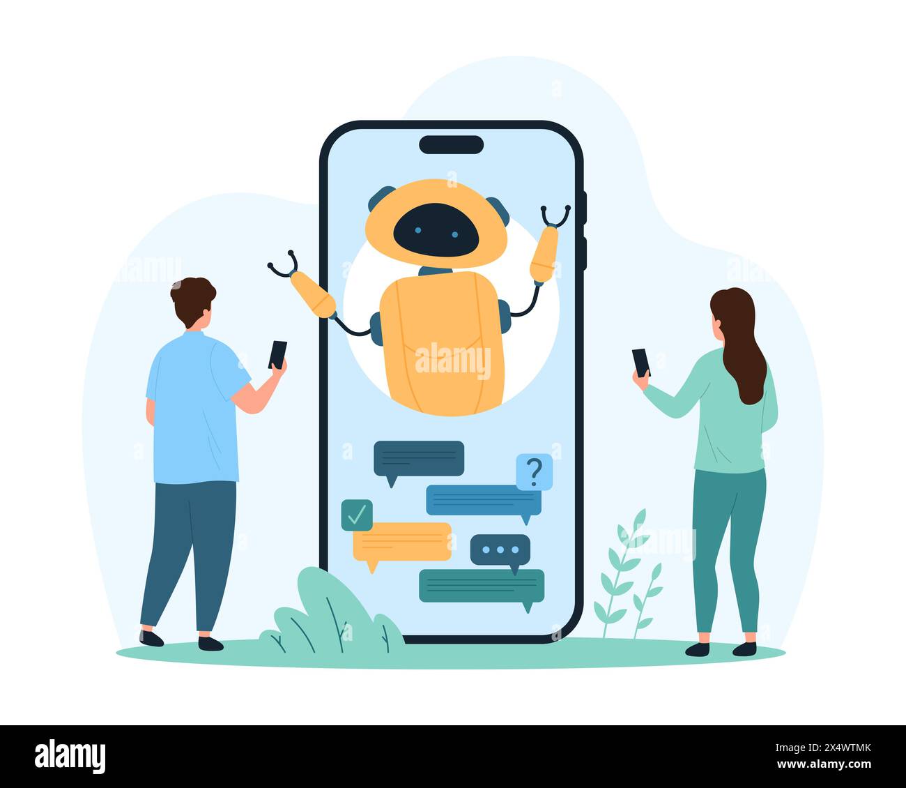 Conversation with chat bot in mobile phone. Tiny people talk with robot ...