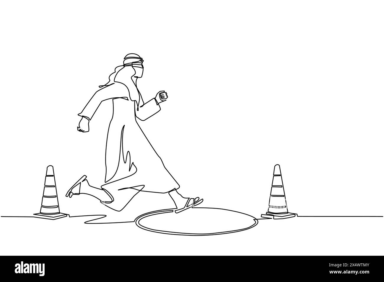 Single one line drawing blindfolded Arabian businessman running to find ...