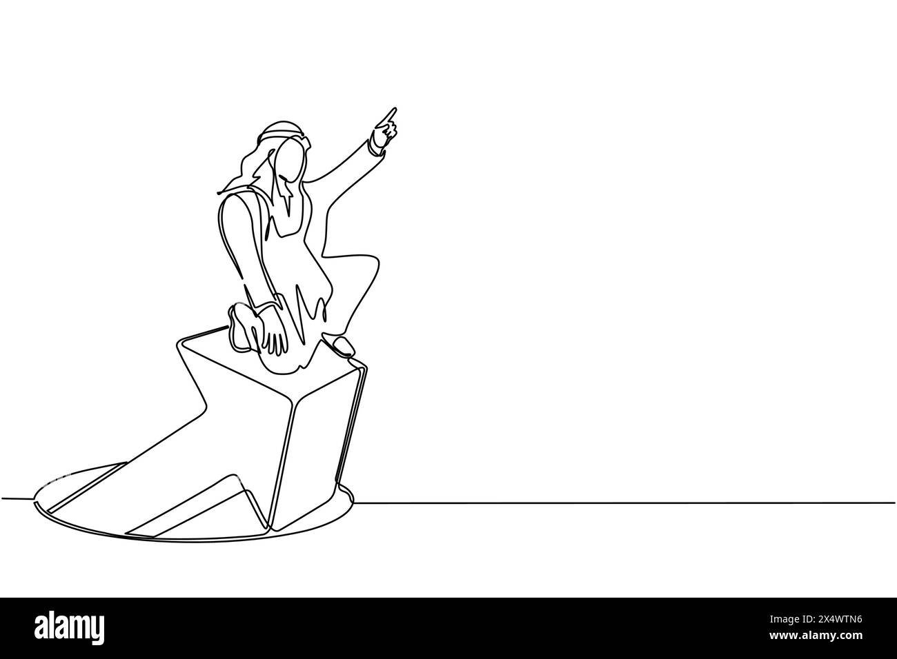 Single continuous line drawing Arabian businessman standing on arrows ...