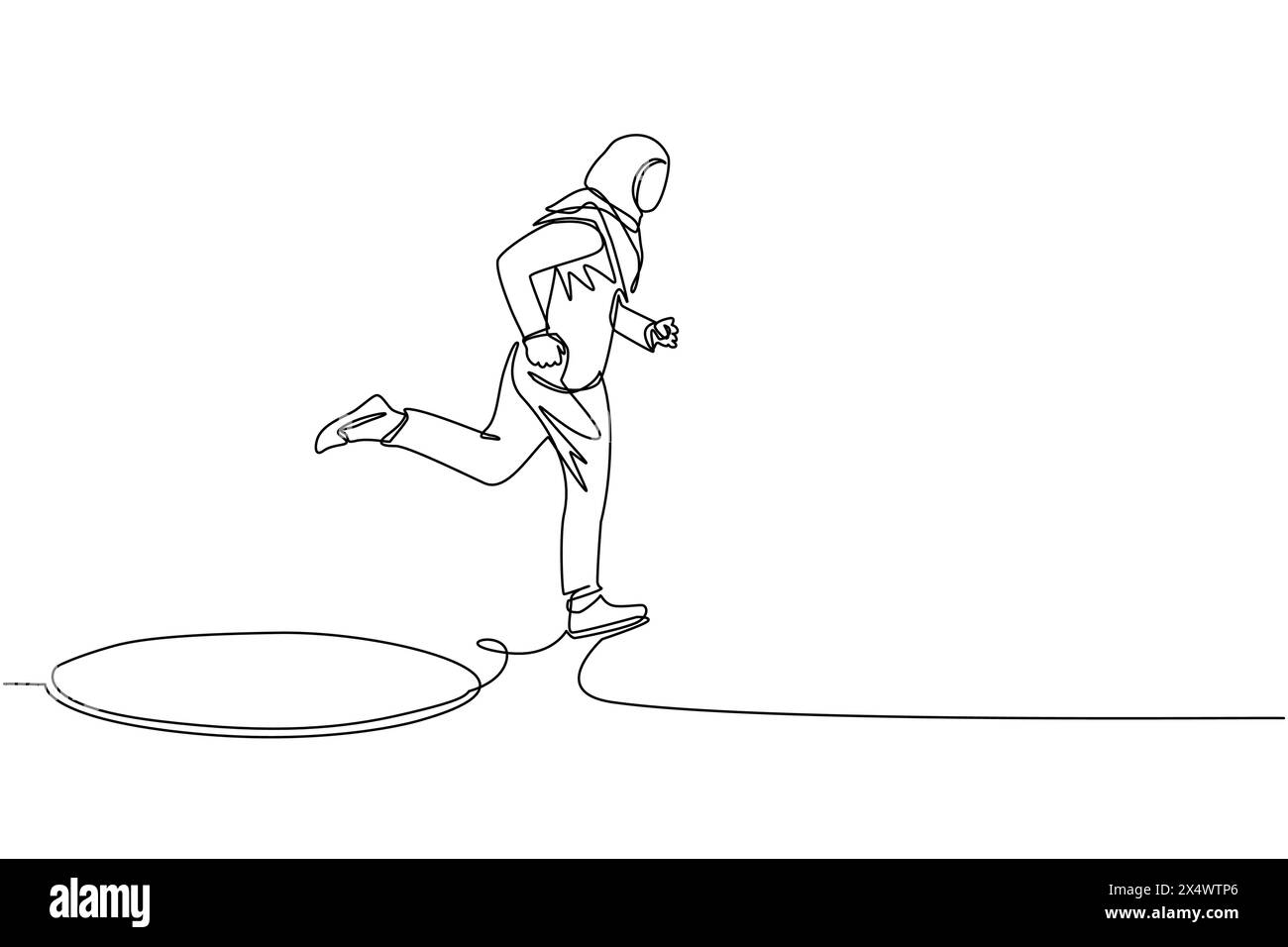 Single continuous line drawing Arabic businesswoman jumping through the ...